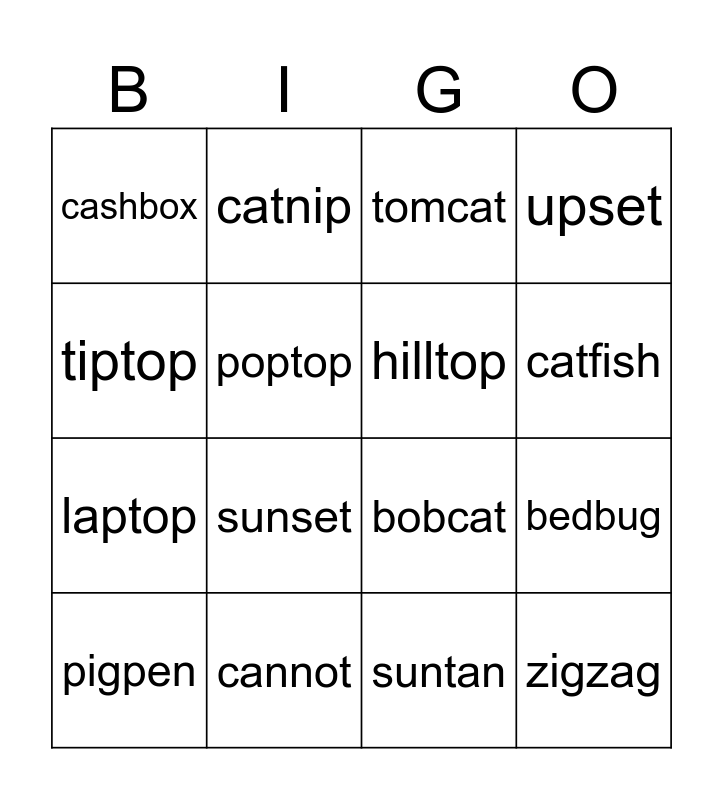 Compound Words (closed syllables) Bingo Card