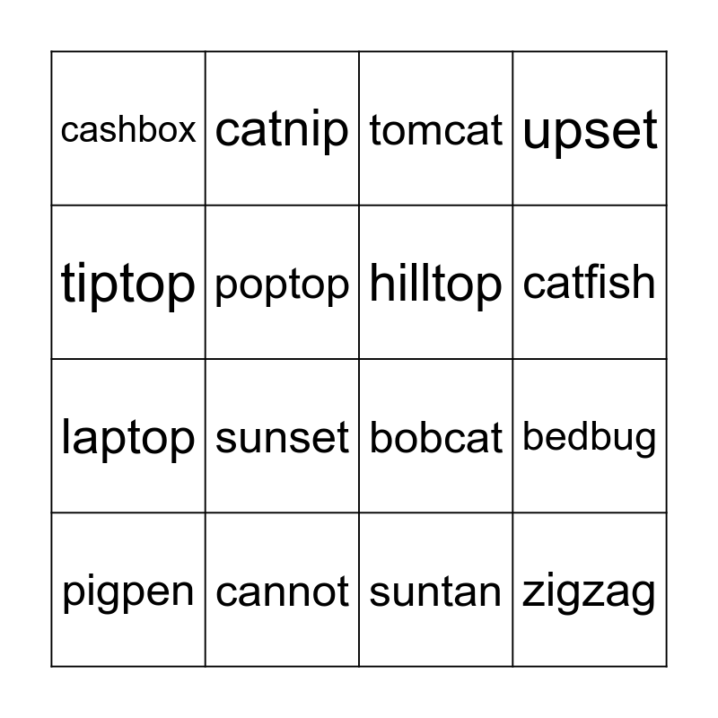 Compound Words (closed syllables) Bingo Card