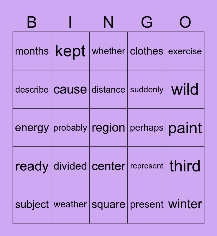 6th Grade Sight Words Bingo Card