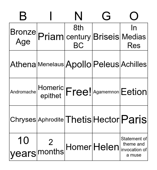 The Iliad Book 1 and 6 Review Bingo Card