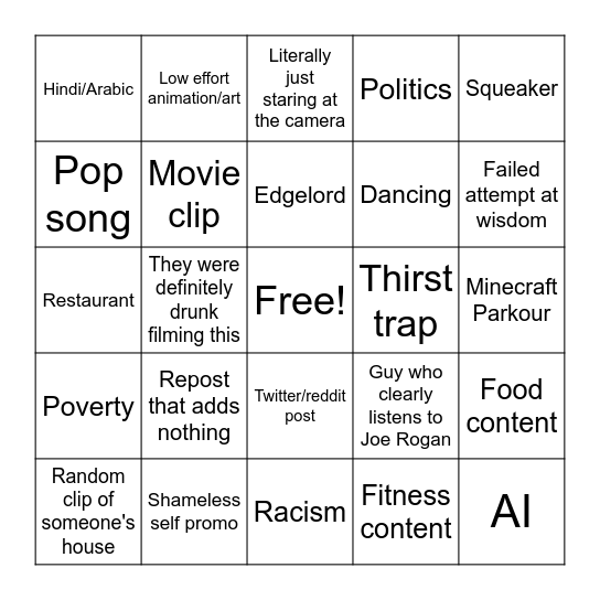 Youtube 0 View Bingo Card