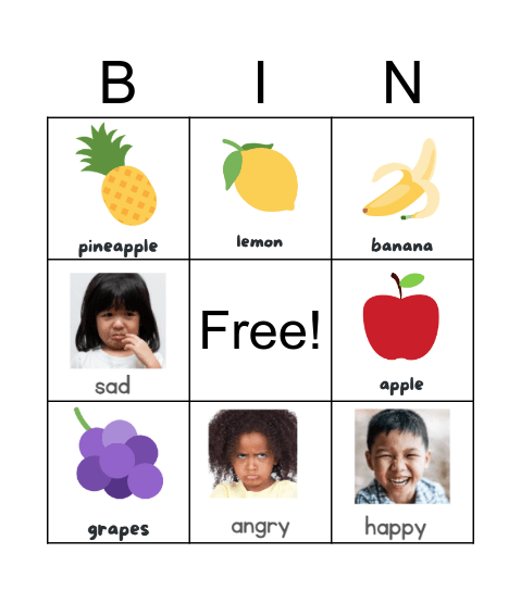 kindergarten Bingo Card
