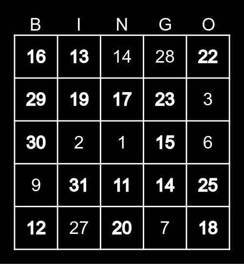 numbers from 0 to 31 Bingo Card