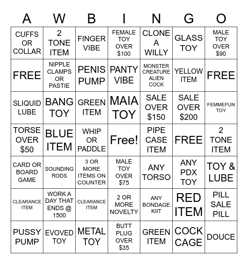 Adult World Bingo Card