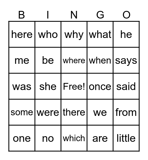 Tricky Word Bingo Card