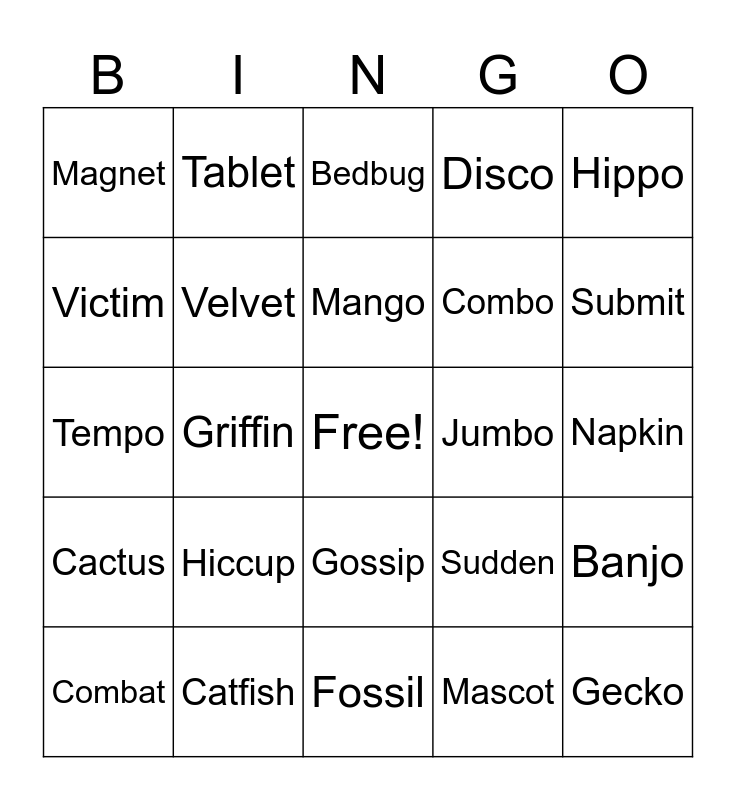 2-Syllable VCCV Words Bingo Card