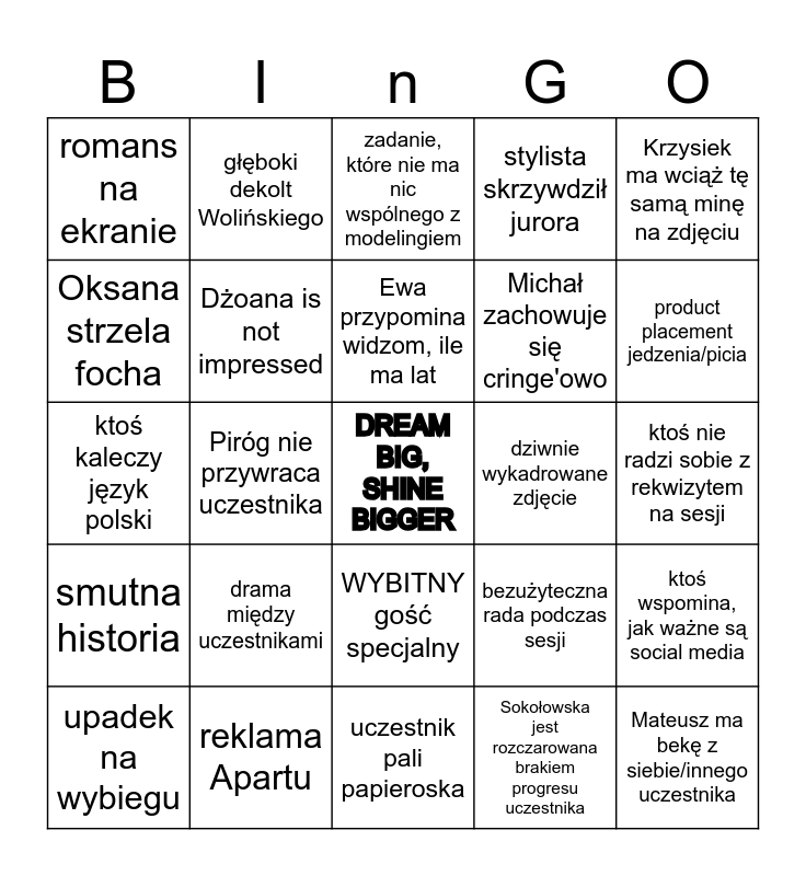 TOP MODEL BINGO Card