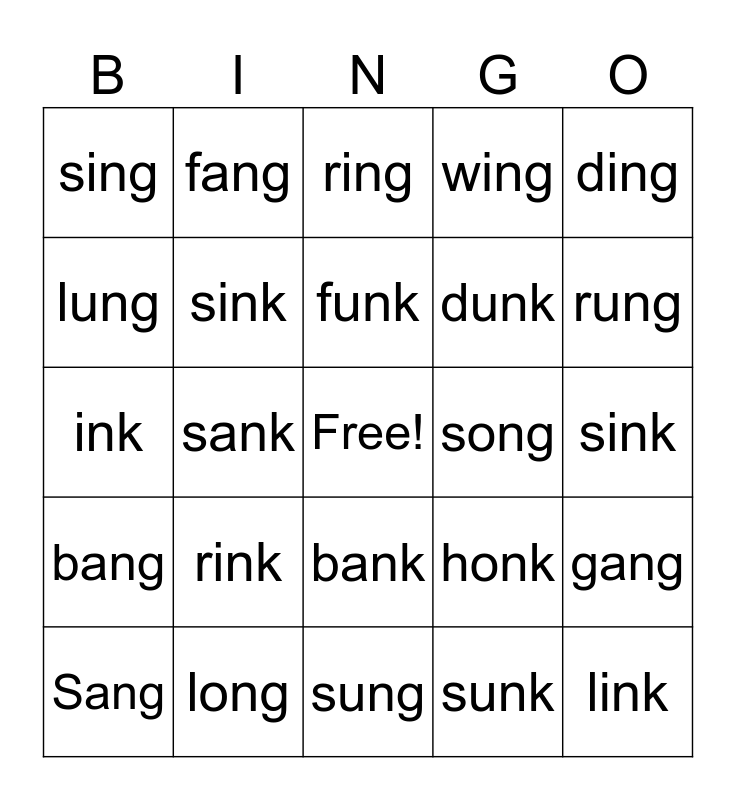 Ang, Ing, Ong, Ung, Ank, Ink, Onk, Unk Bingo Card