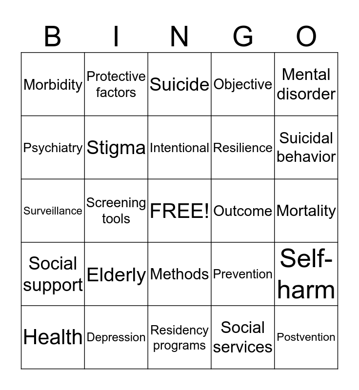 Suicide Prevention Bingo Card