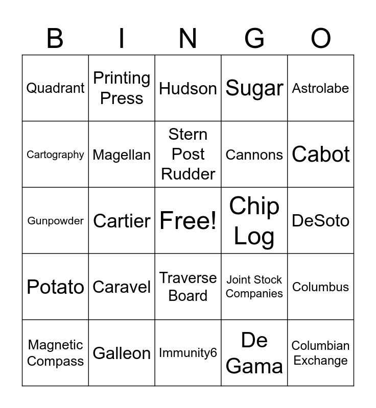 Explorers Bingo Card