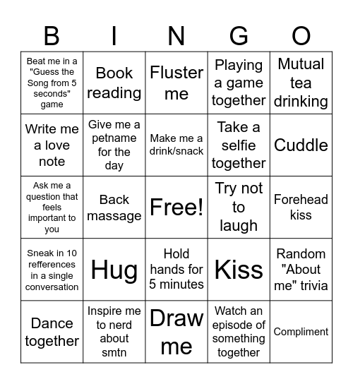 Boyfriend Bingo Card