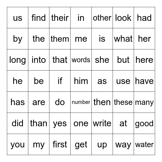 Level 1 Sight Words Bingo Card