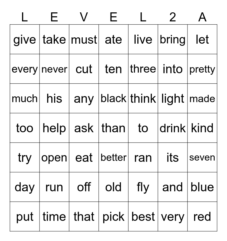 Level 2 Sight Words Bingo Card