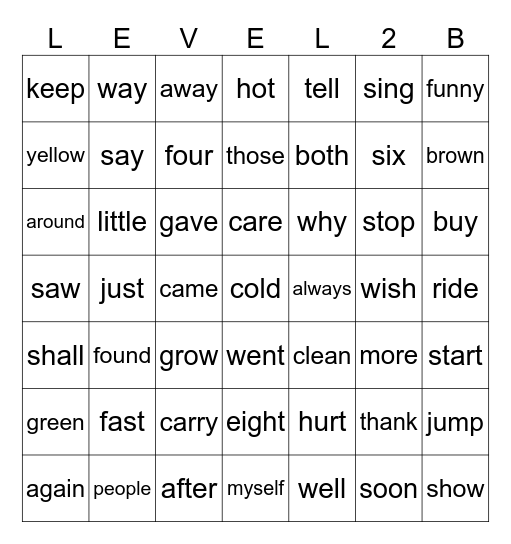 Level 2 Sight Words Bingo Card