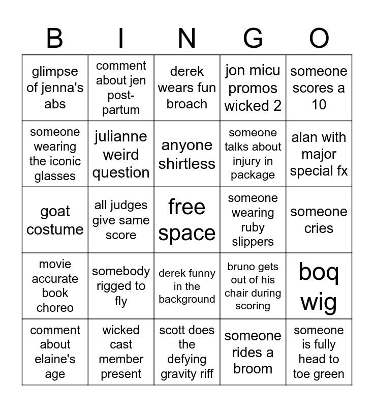 DWTS WICKED NIGHT Bingo Card