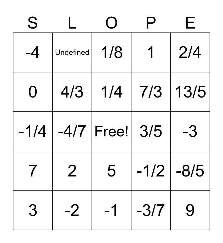 Slope Bingo Card