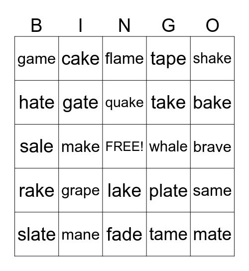 Long A Magic E Words Bingo Card
