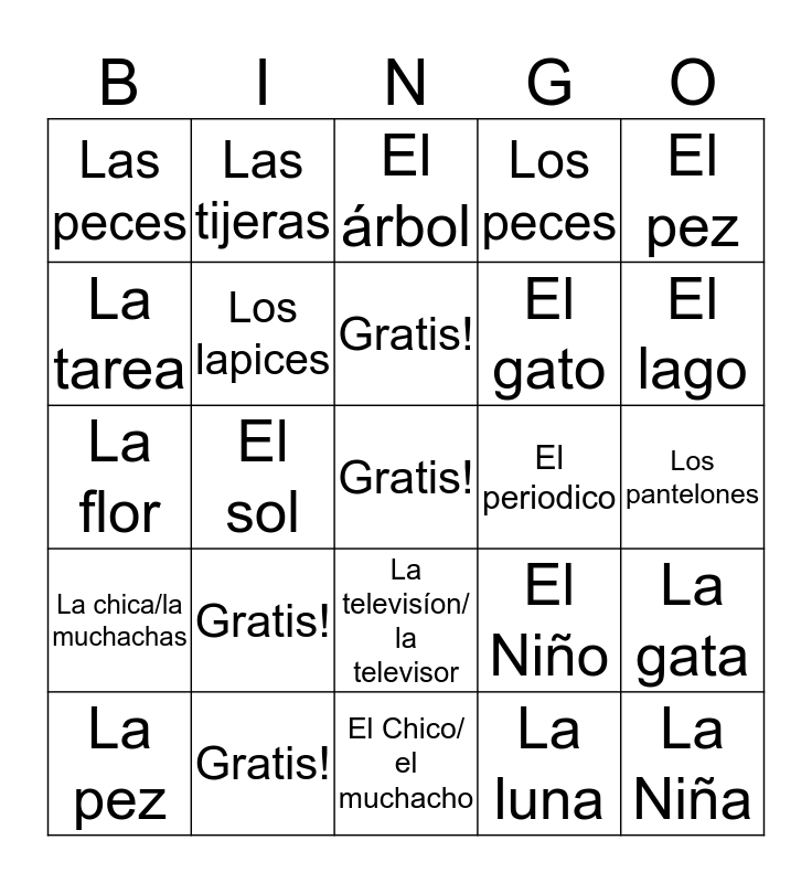 Español Bingo Card