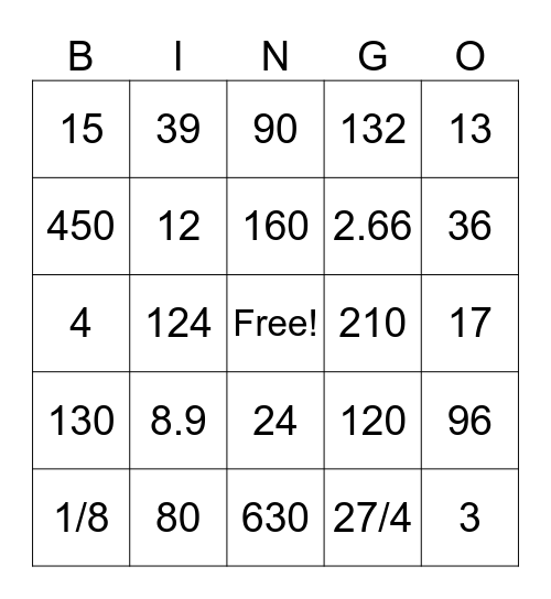MATH BINGO Card