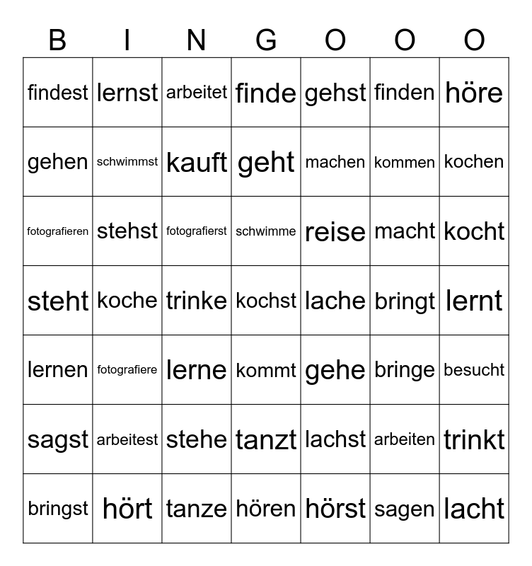 IWL - German Regular Verb Conjugation Bingo Card
