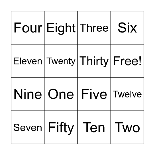 Numbers Bingo Card