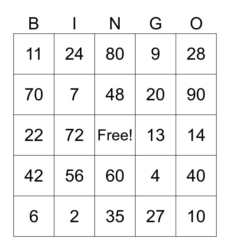 Factor & Product Bingo Card