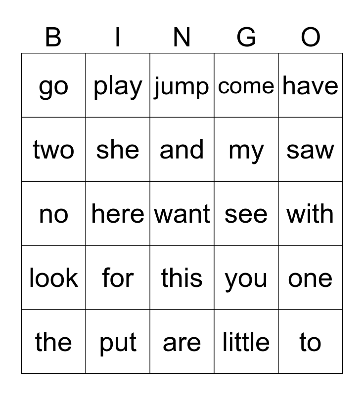 High Frequency Words Bingo Card