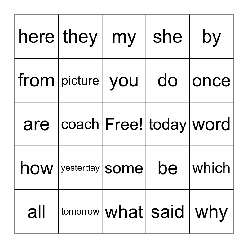 Tricky Word Bingo Card