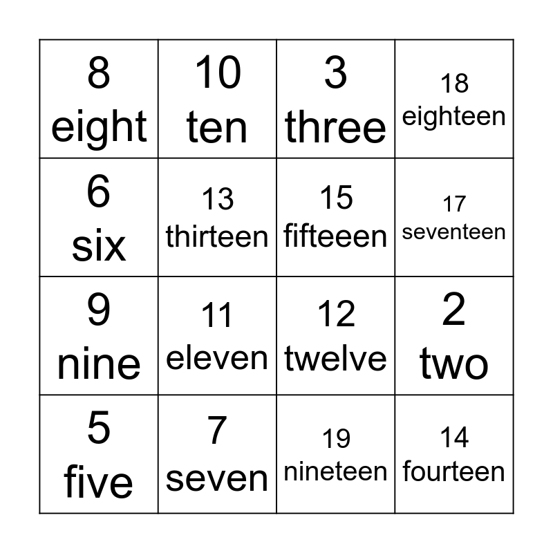 Numbers 1-20 Bingo Card