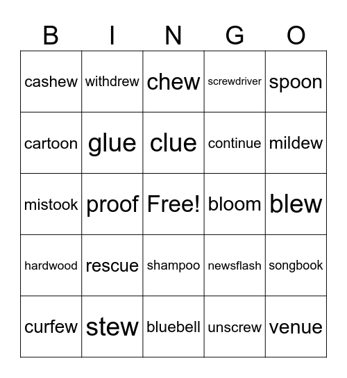 ew/oo/ue Words Bingo Card