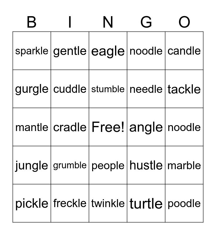 2 Syllable C+le Words Bingo Card