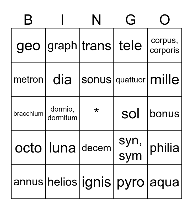 Latin & Greek Word Roots Bingo Card