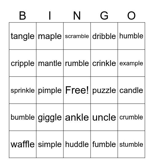 Consonant -le endings Bingo Card