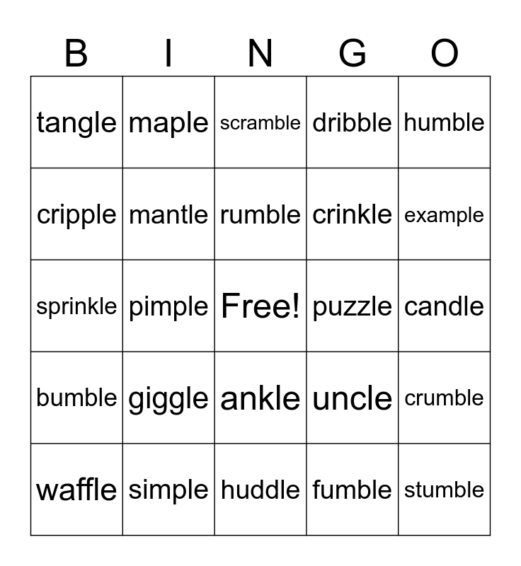 Consonant -le endings Bingo Card