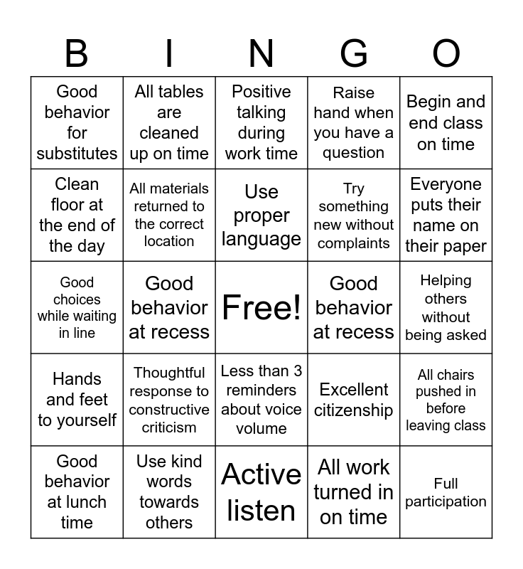 Positive Behavior Bingo Card
