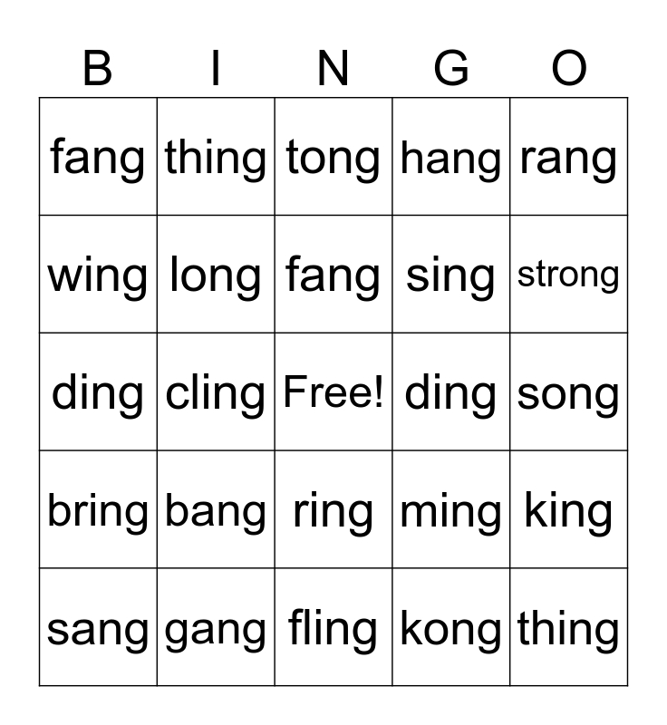 ANG ONG and ING Bingo Card