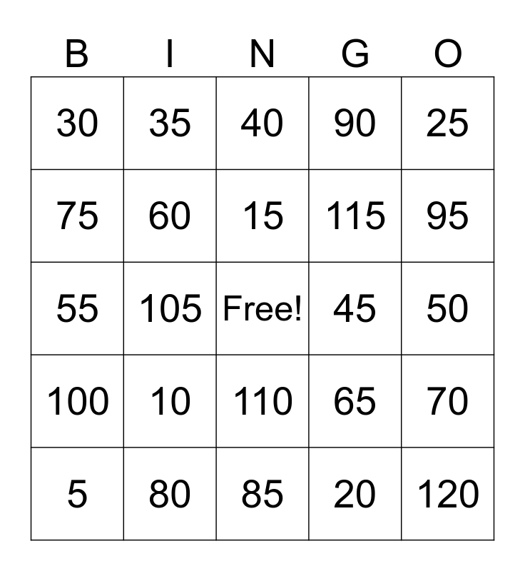 skip counting by 5s Bingo Card