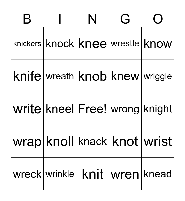 Silent letter words with KN and WR Bingo Card