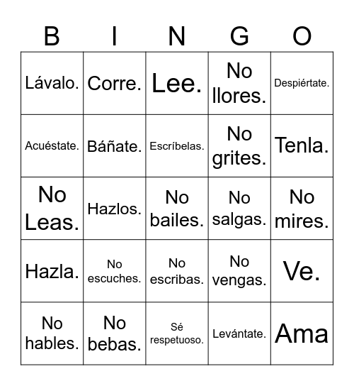 El Imperativo (commands form) Bingo Card