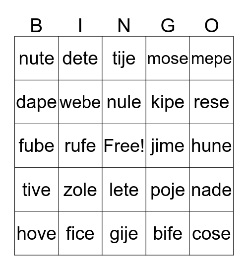 CVCe Nonsense Word Bingo Card CVCe Nonsense Word Bingo Card