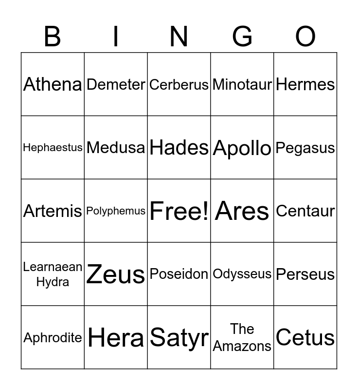 Greek Mythology Bingo Card