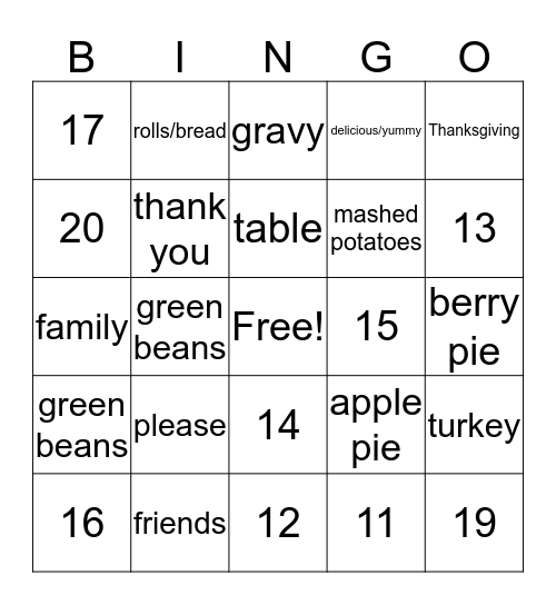 Thanksgiving/Numbers Bingo Card