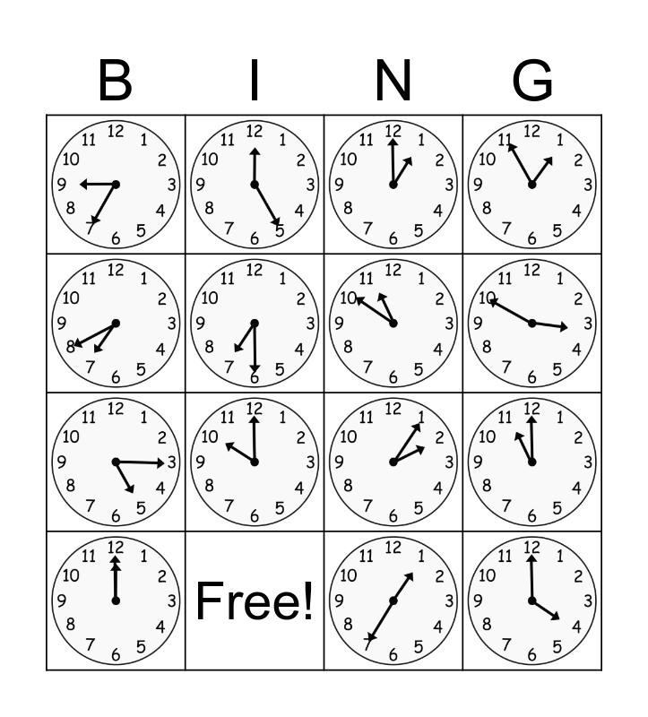 Clock Bingo Card