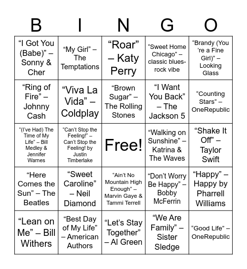 “Feel-Good Sing-Alongs” Bingo Card