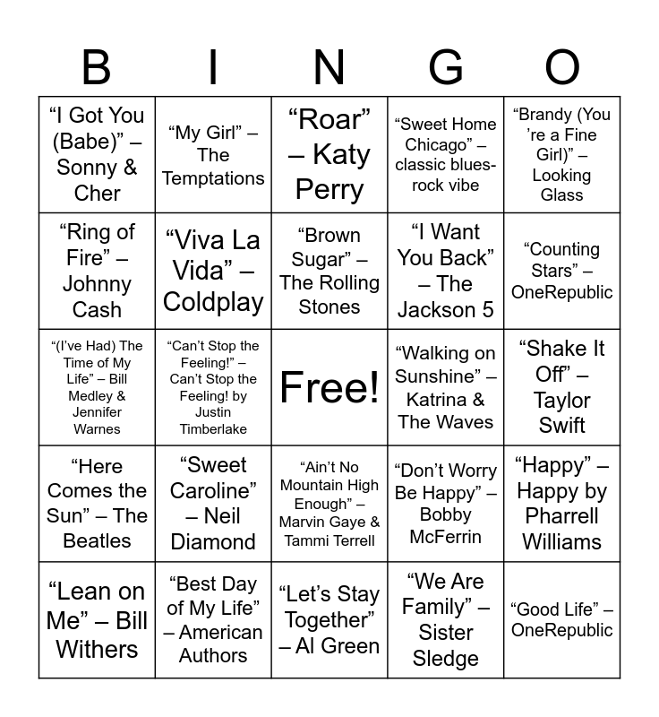 “Feel-Good Sing-Alongs” Bingo Card