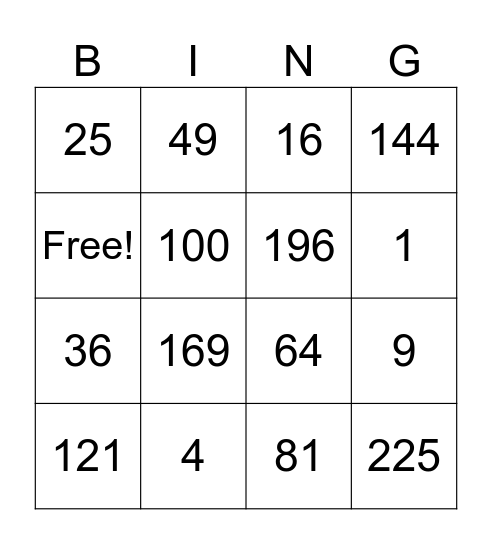 Perfect Squares Bingo Card