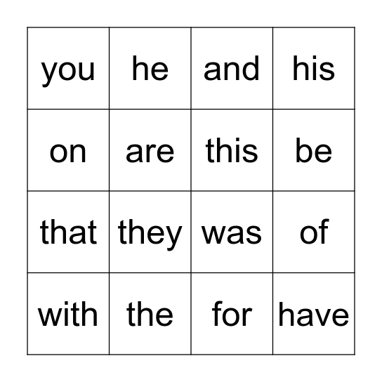 First 25 Fry Word Bingo Card