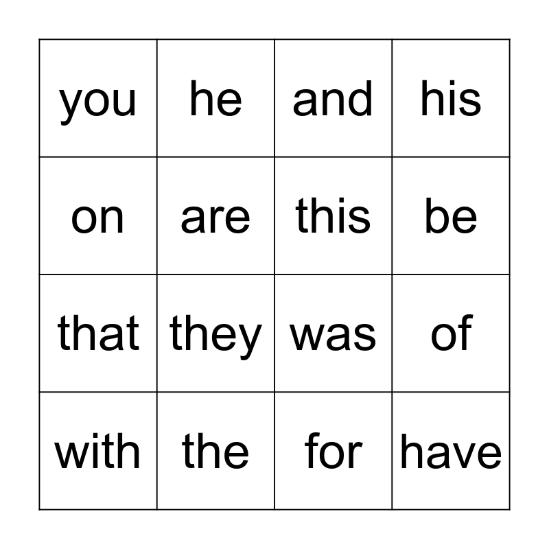 First 25 Fry Word Bingo Card
