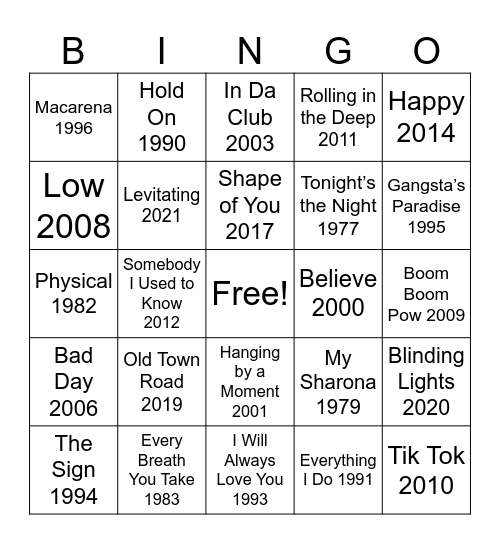 Songs of the Year - 1975-2025 Bingo Card