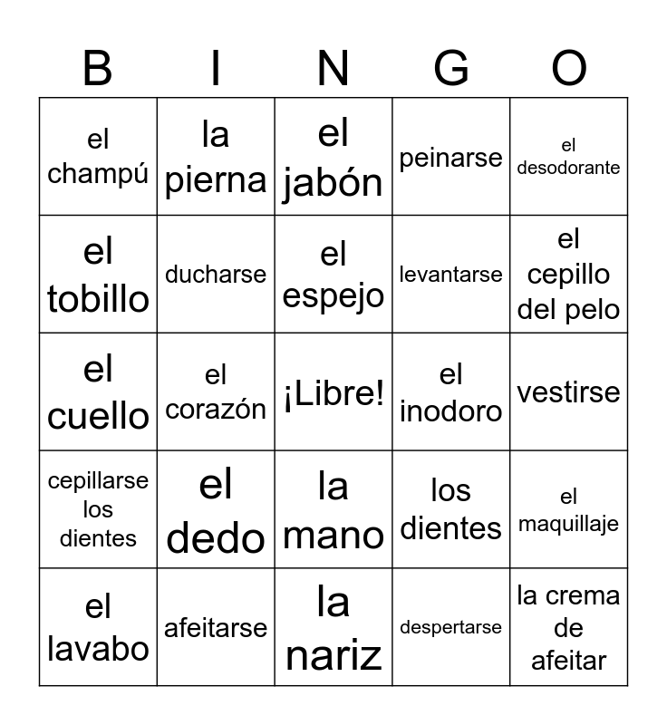 Rutina Diaria Vocab Bingo Card
